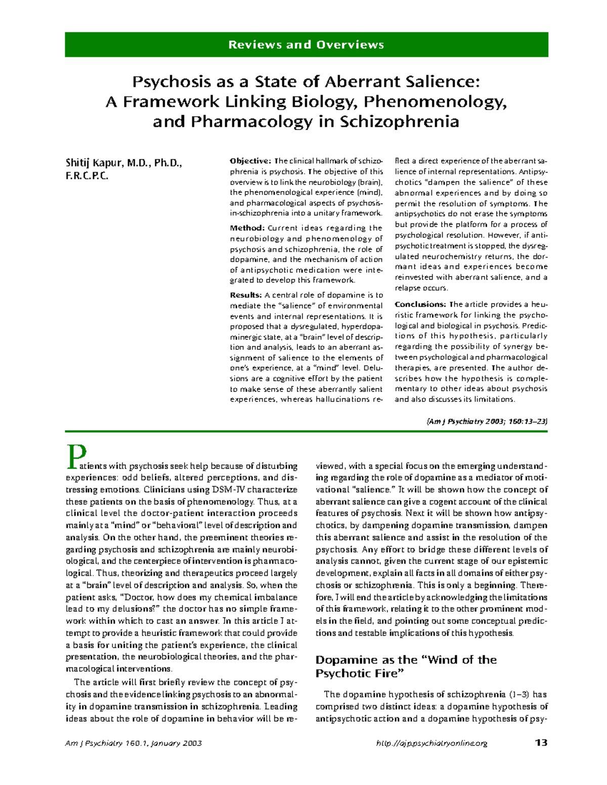Kapur 2003 psychosis as a state of aberrant salience a framework ...