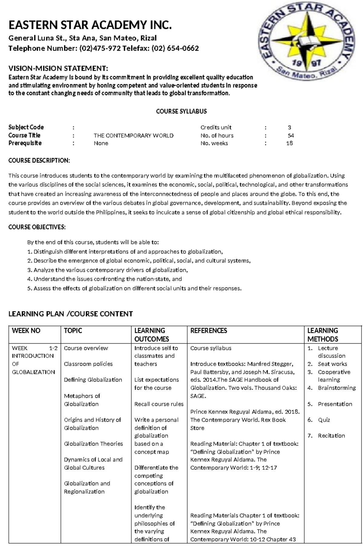 THE CONTEMPORARY WORLD SYLLABUS (3 CREDITS) - EASTERN STAR ACADEMY ...