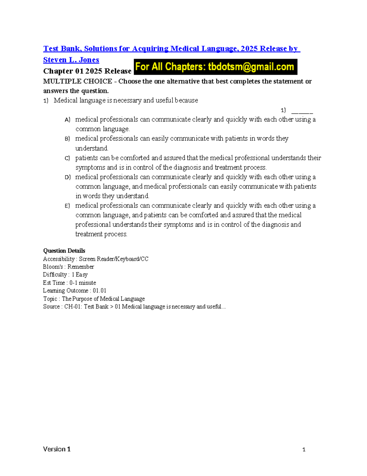 Test Bank for Acquiring Medical Language (2025 Release) - Chapter 01 ...