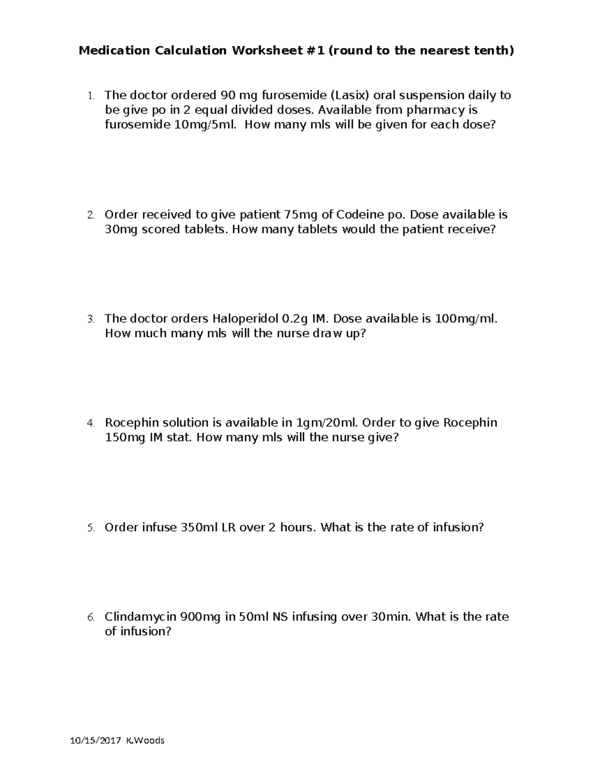 Medication Calculation Practice Worksheets (Round to Nearest Tenth ...