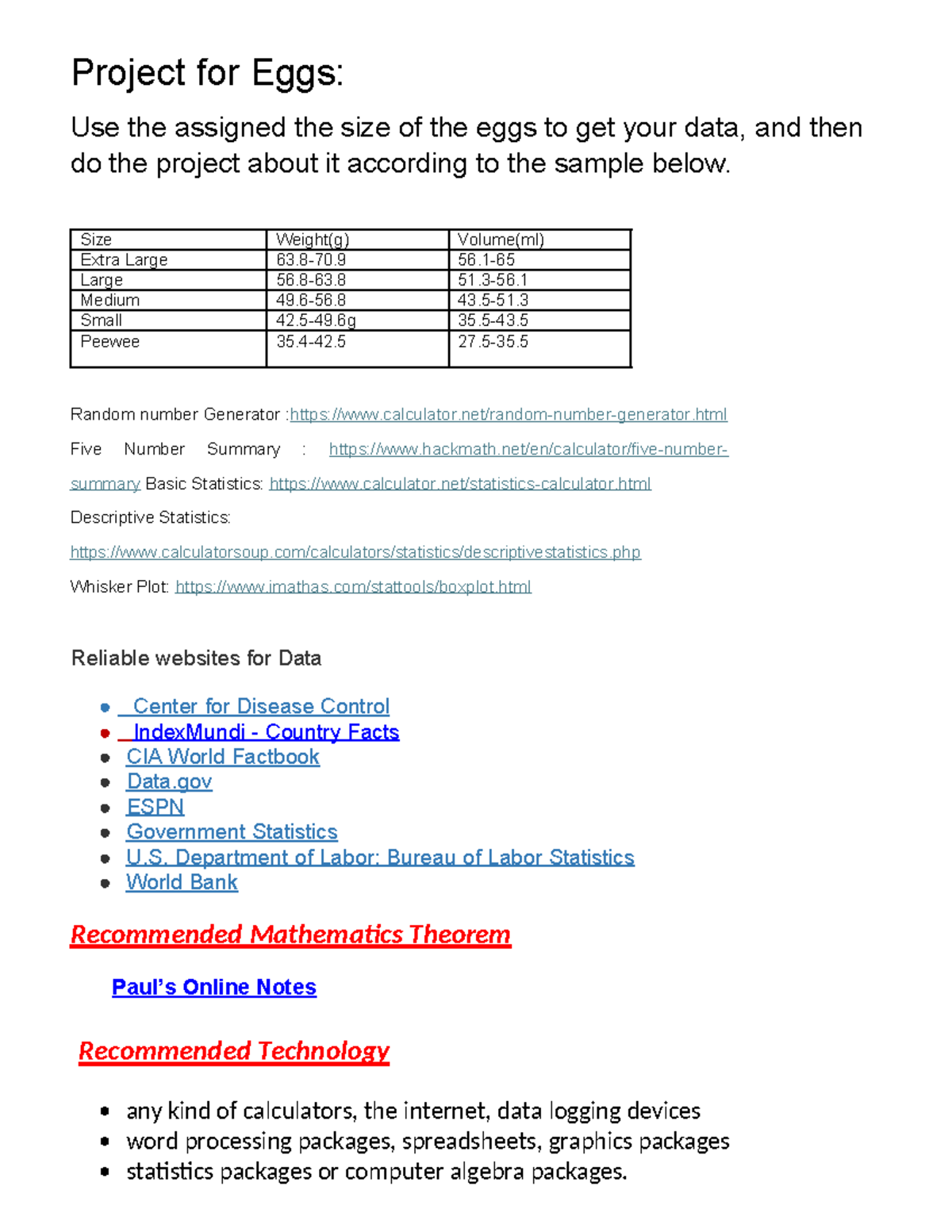 Project for Eggs - Project for Eggs: Use the assigned the size of the ...