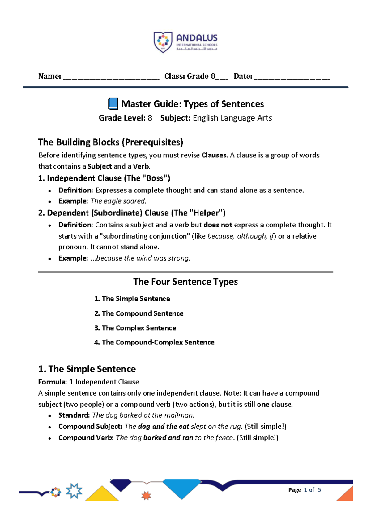 Master Guide: Types of Sentences for Grade 8 ELA - Studocu