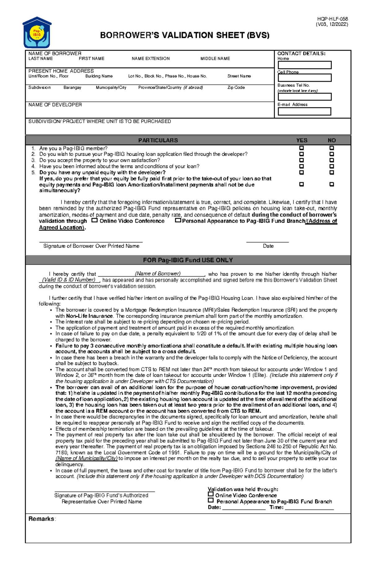 HLF058 Borrower's Validation Sheet (BVS) - Updated Format Test - Studocu