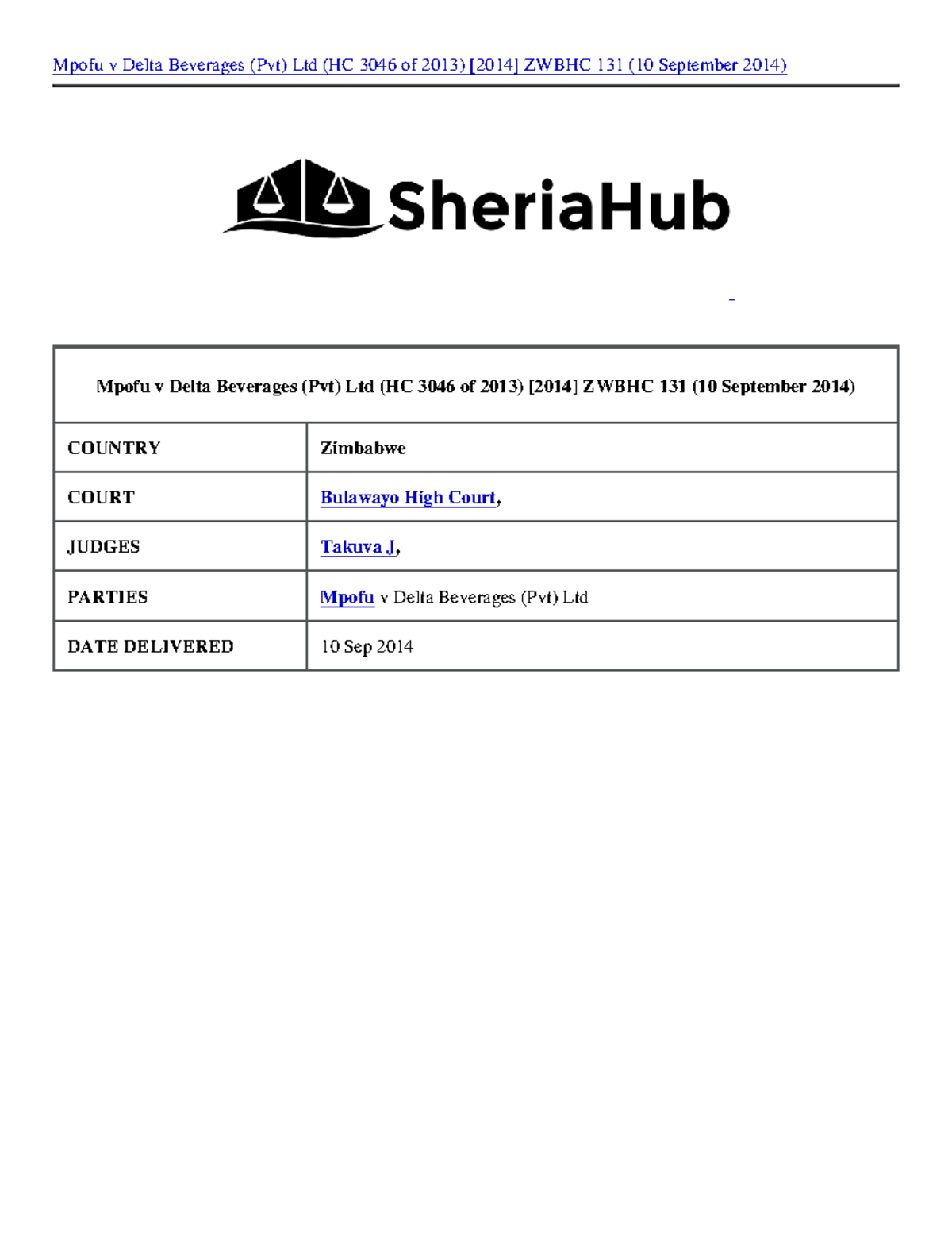 Mpofu v Delta Beverages (Pvt) Ltd: HC 3046/2013 Judgment Summary - Studocu