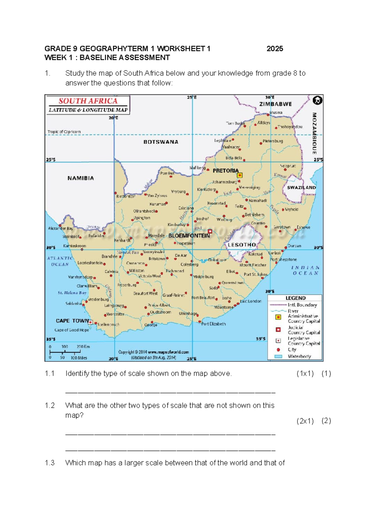 GRADE 9 GEOGRAPHY TERM 1 WORKSHEETS 2025: MAP SKILLS & ASSESSMENTS ...