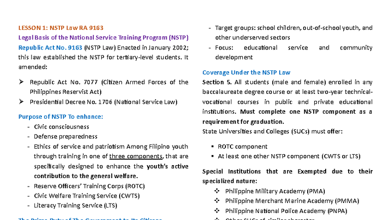 LESSON 1: NSTP Law RA 9163 - Overview of National Service Training ...