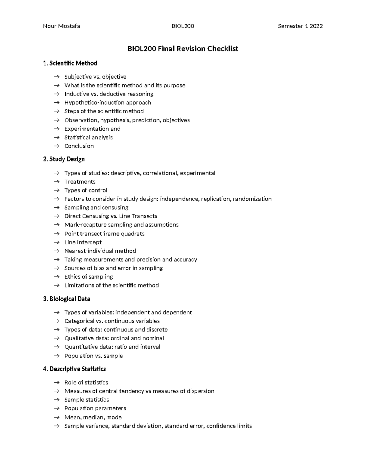 BIOL200 Final Exam Revision Checklist by Nour Mostafa - Studocu