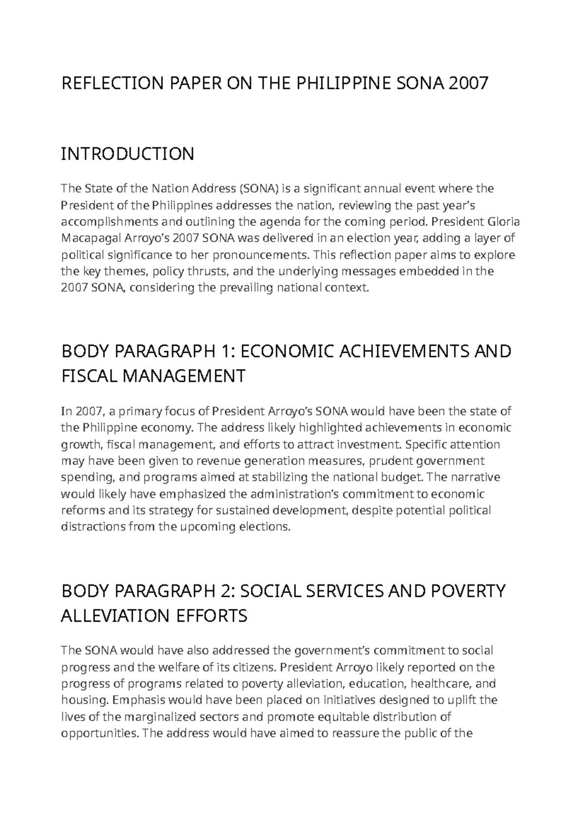 Reflection Paper on Philippine SONA 2007: Key Themes & Insights - Studocu