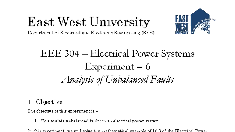 EEE 304 - Experiment 6: Unbalanced Fault Analysis in Power Systems - Studocu
