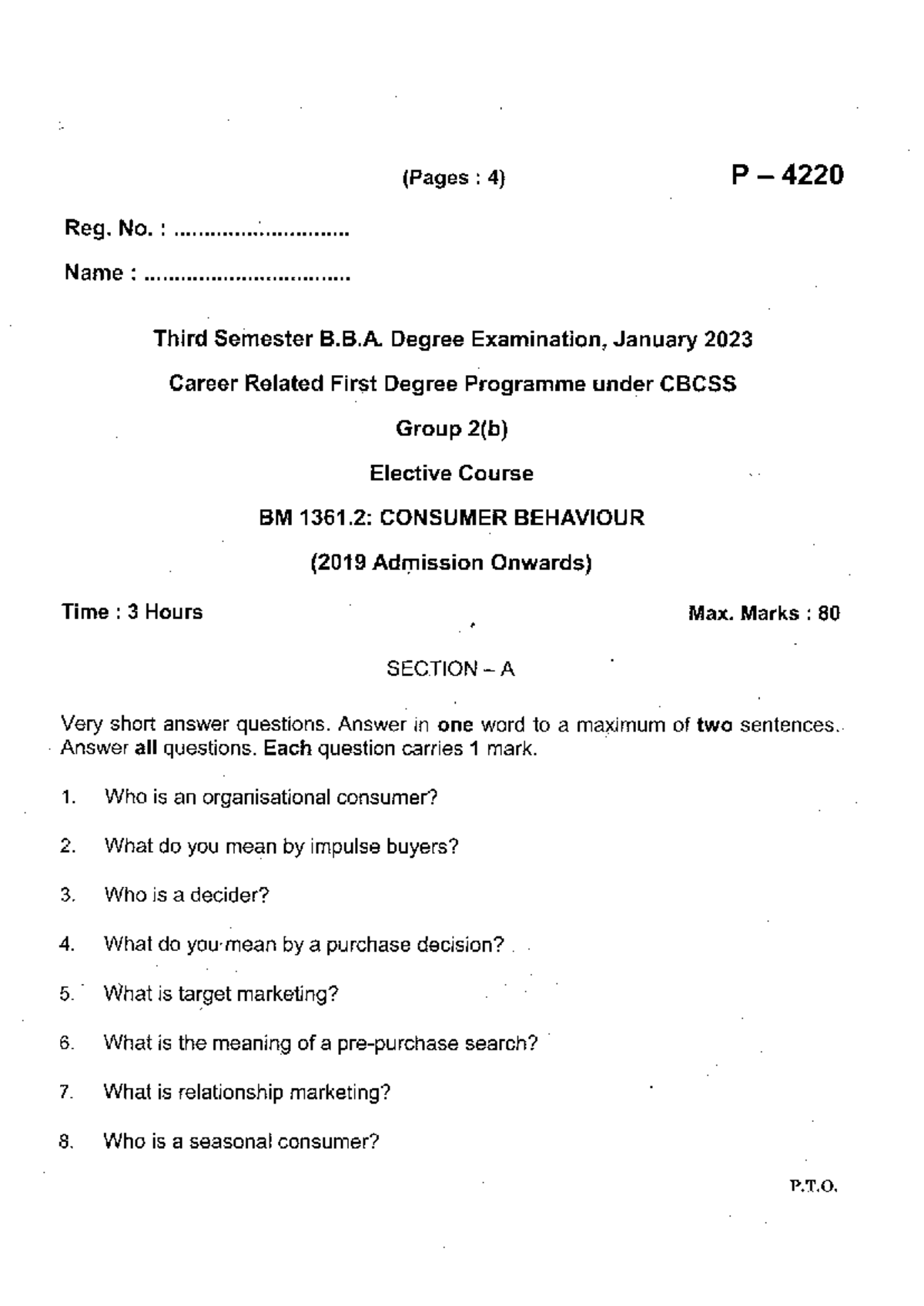 B.B.A. 3rd Sem. Exam Jan 2023: Consumer Behaviour & Financial Services ...