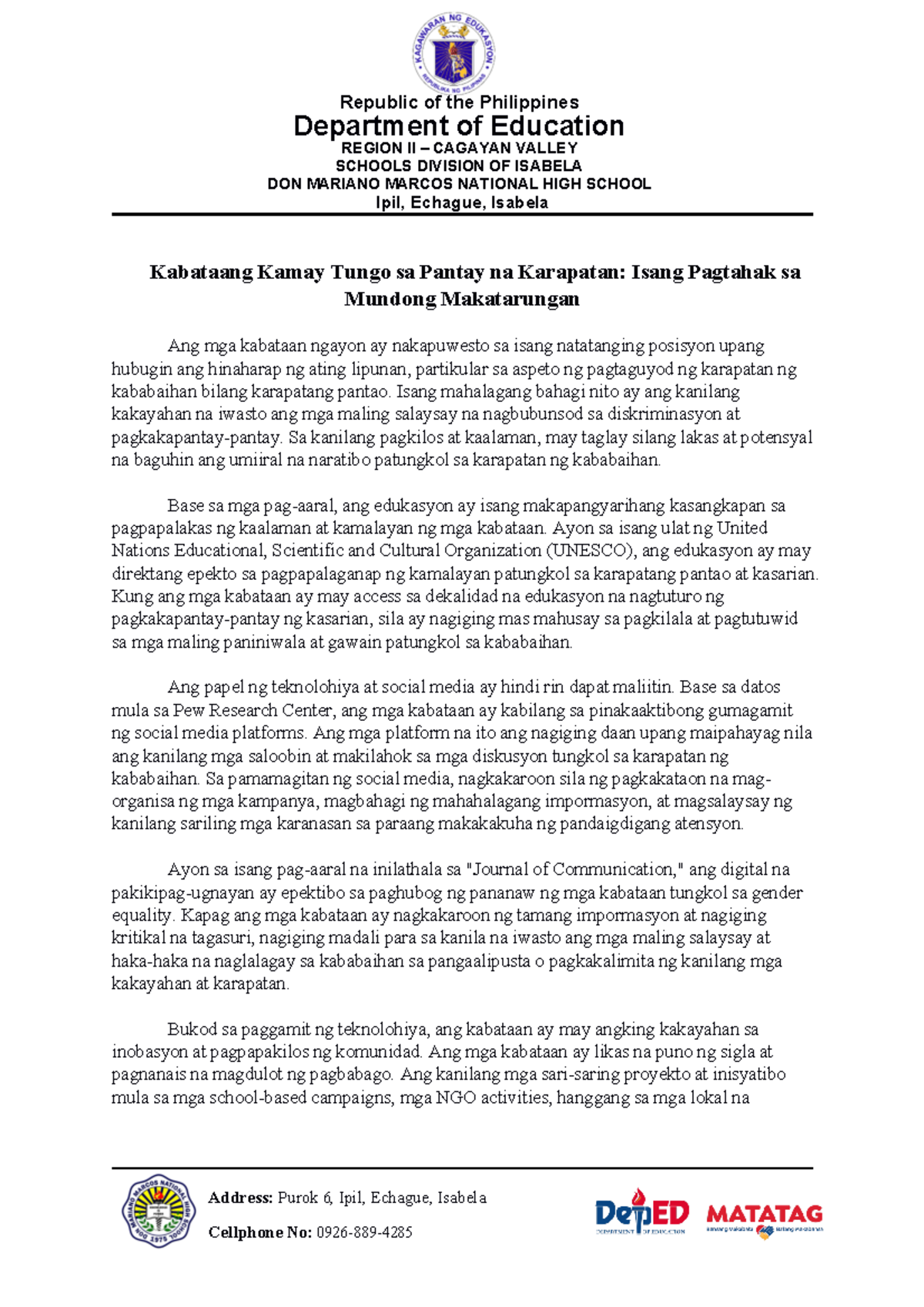 Kabataang Kamay Tungo sa Pantay na Karapatan: Isang Sanaysay Furoc ...