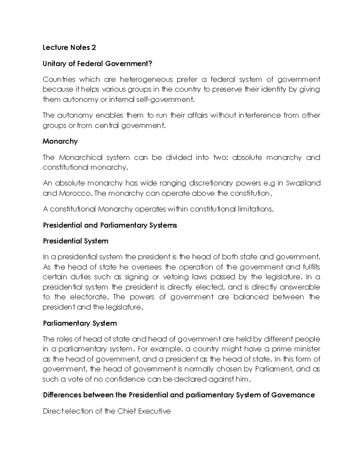 Lecture Notes 2: Constitutional Law Overview and Government Systems ...