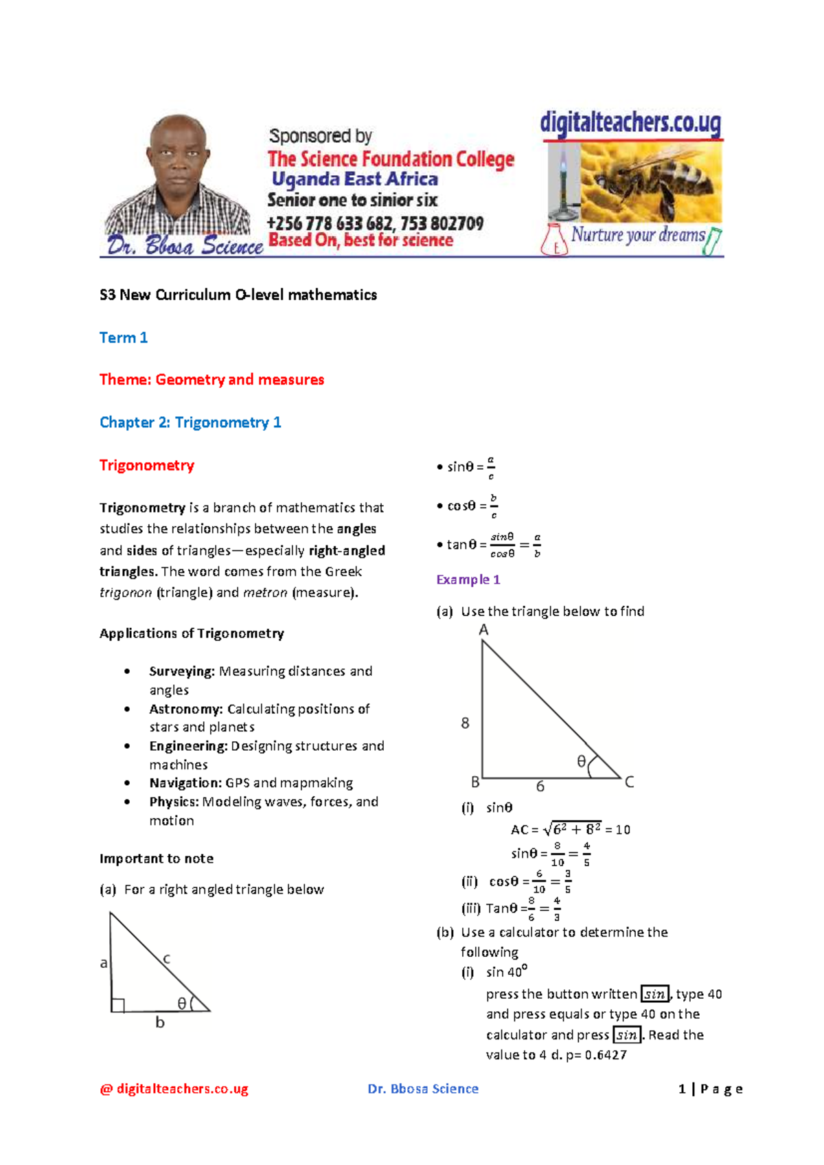 S3 O Level Math: Chapter 2 - Trigonometry 1 Notes - Studocu