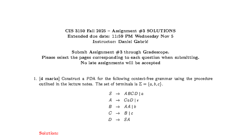 CIS 3150 Fall 2025 Assignment 3 Solutions and PDA Construction - Studocu