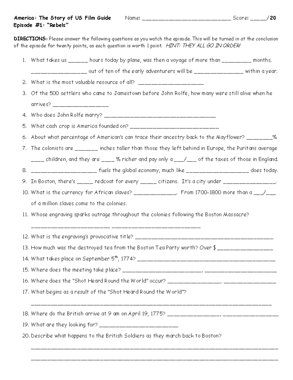 America: The Story of Us Episode 1 Rebels Film Guide Answer Key - Studocu