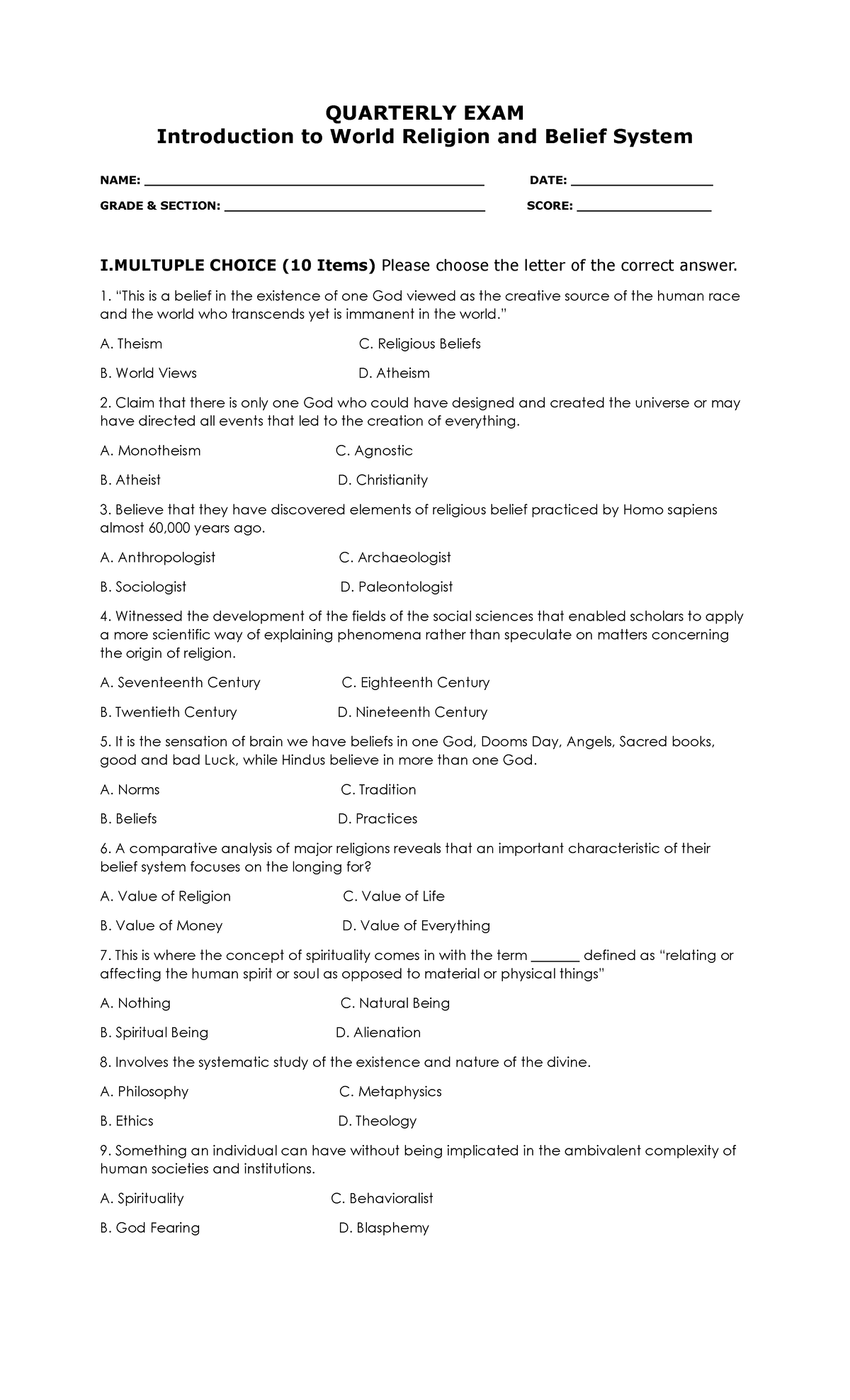 Quarterly Exam: Intro to World Religion & Belief Systems (Course Code ...