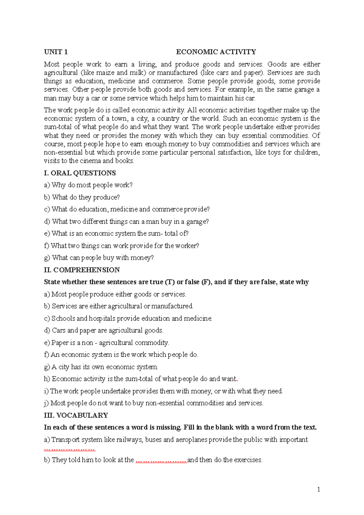 UNIT 1 Economic Activity - UNIT 1 ECONOMIC ACTIVITY Most people work to ...