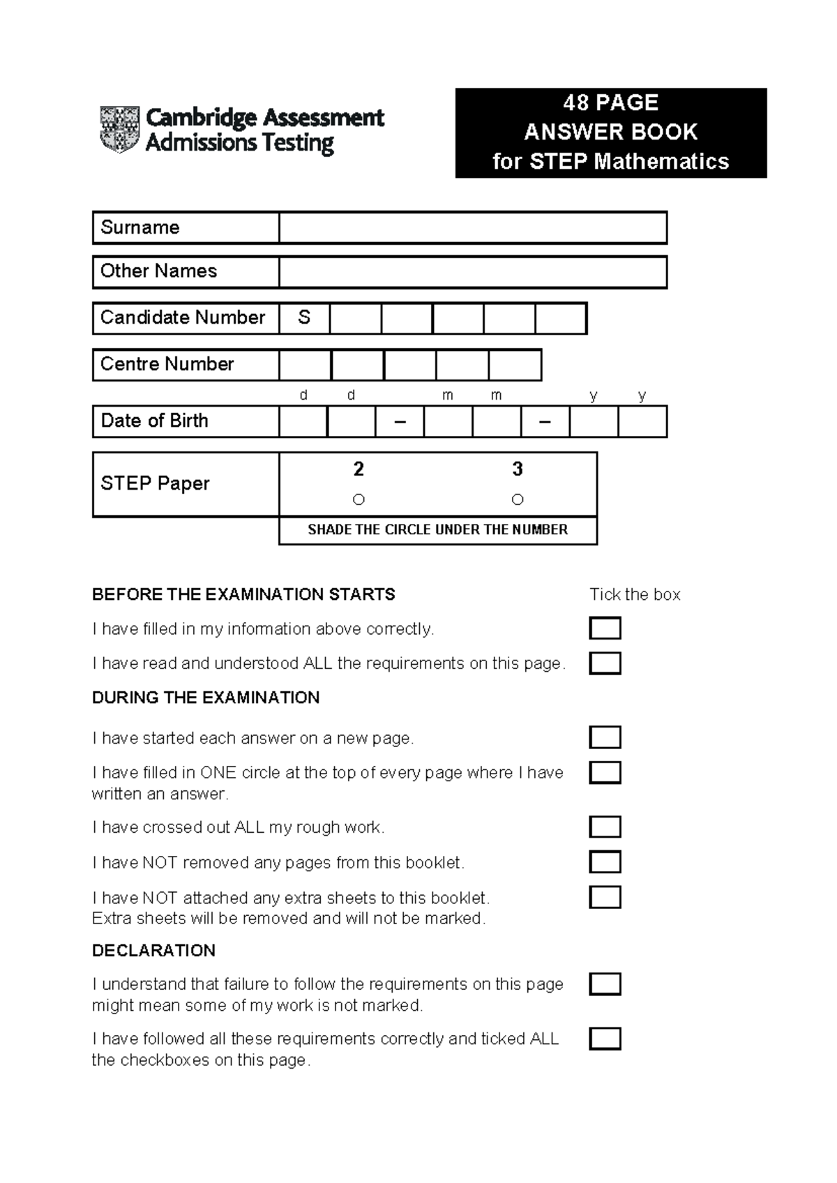 STEP Mathematics 48-Page Answer Booklet for Examination - Studocu
