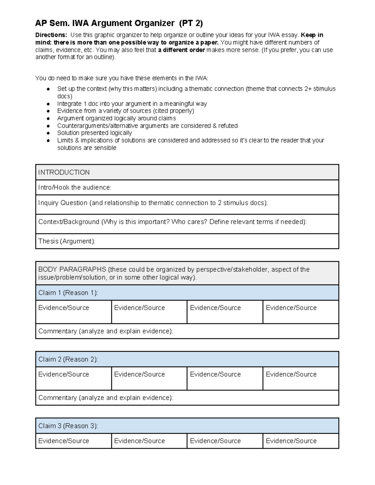 AP Sem. IWA Argument Organizer Outline (Part 2) - Studocu