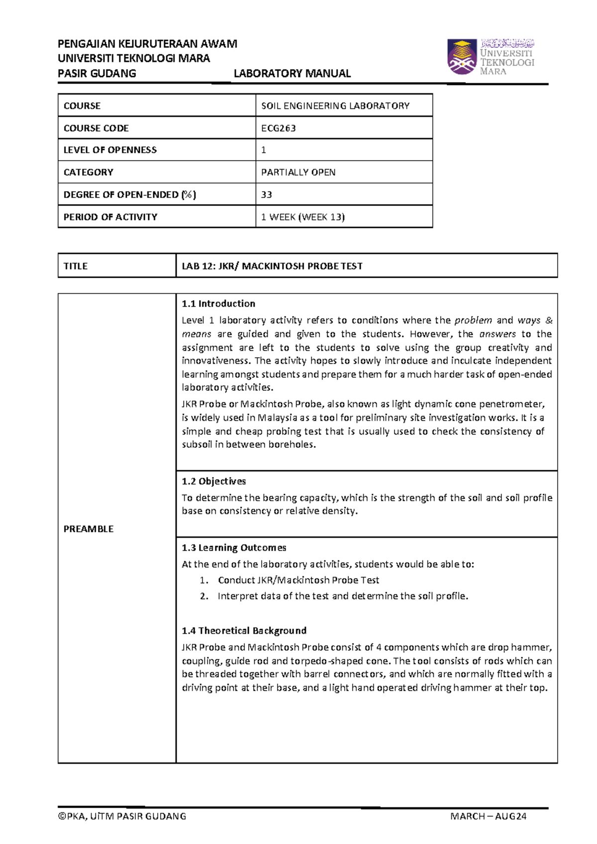 LAB 12 - JKR/Mackintosh Probe Test Report (Soil Eng Lab ECG) - Studocu