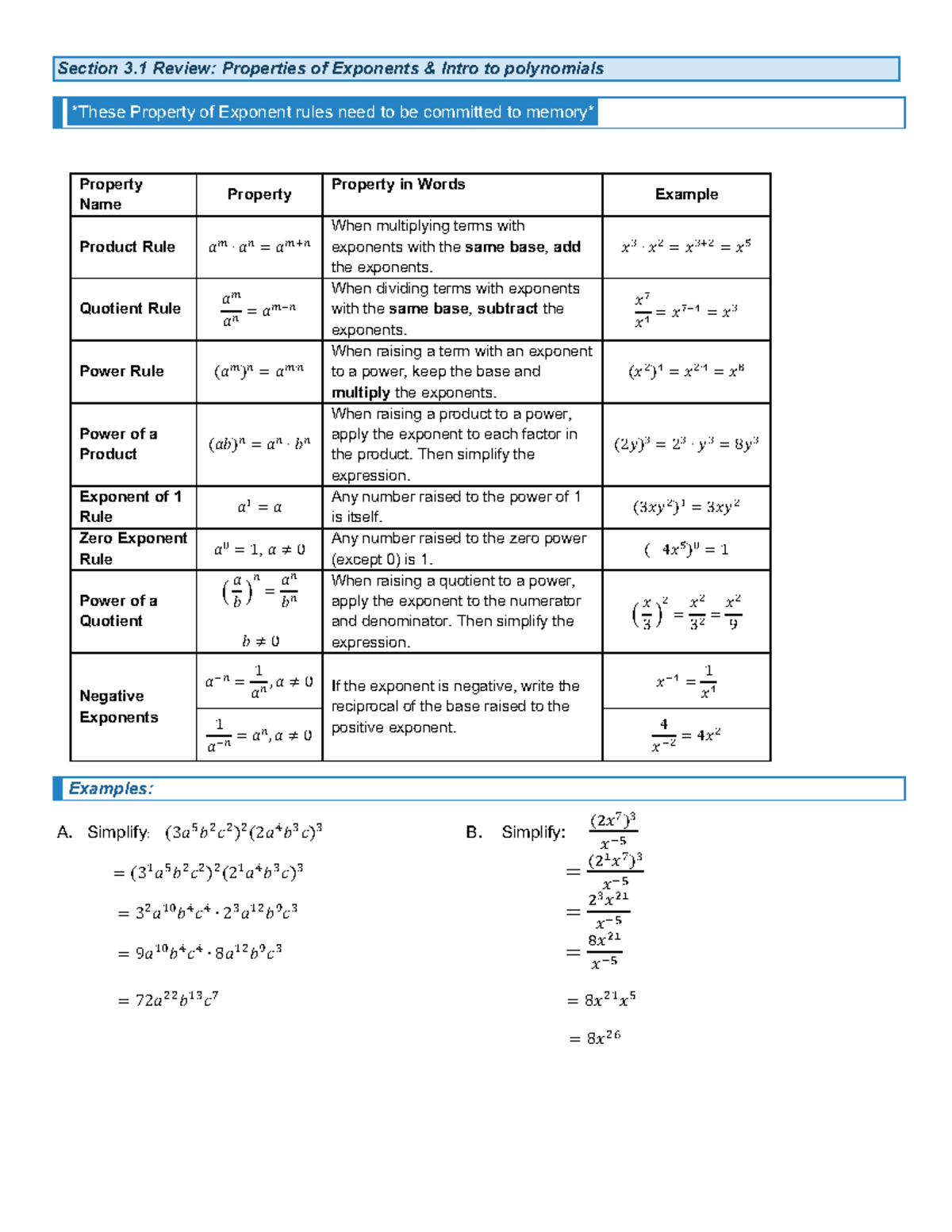 Math 1010 Lecture Notes: Module 3 - Exponents & Polynomials Review ...