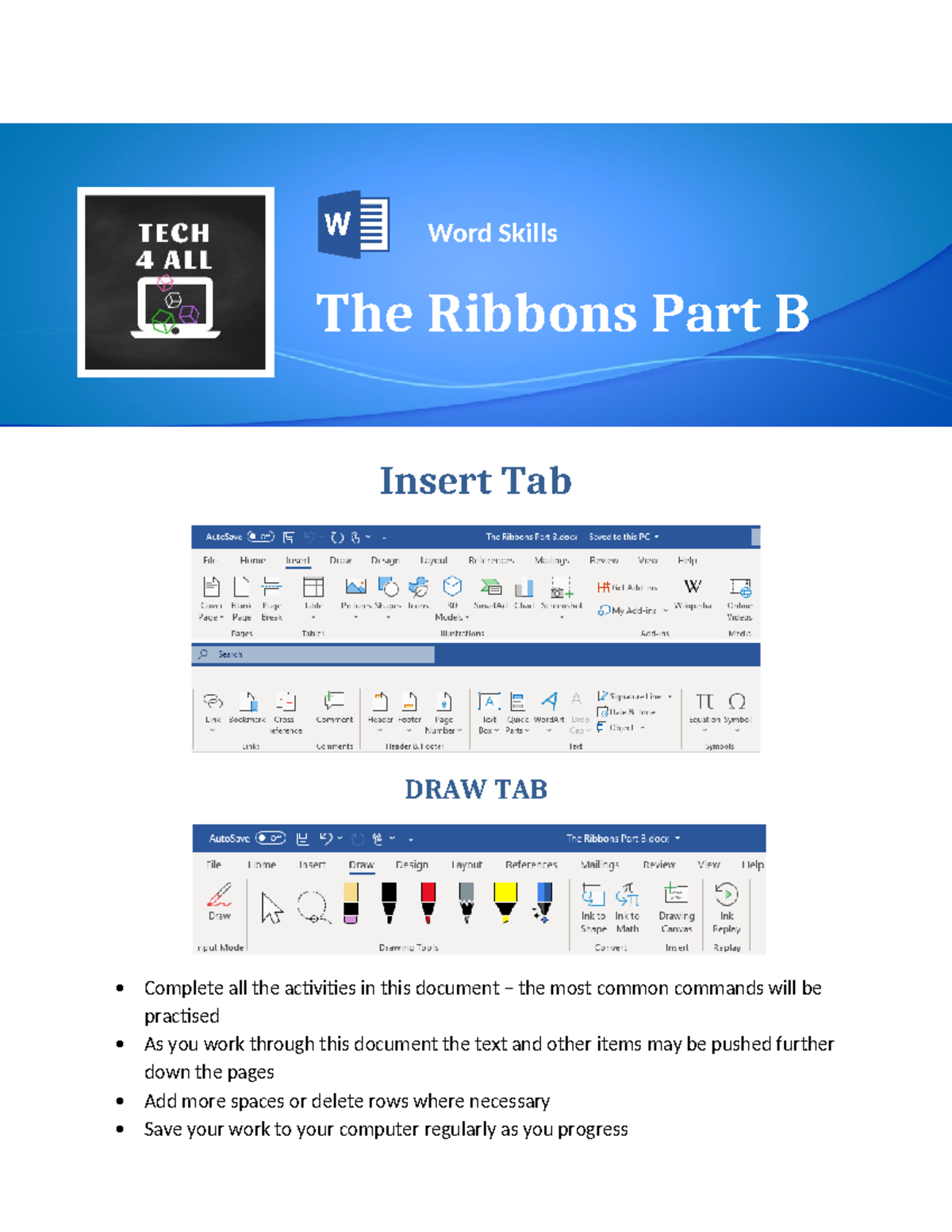 Word Skills: The Ribbons Part B - Insert & Draw Tab Activities - Studocu