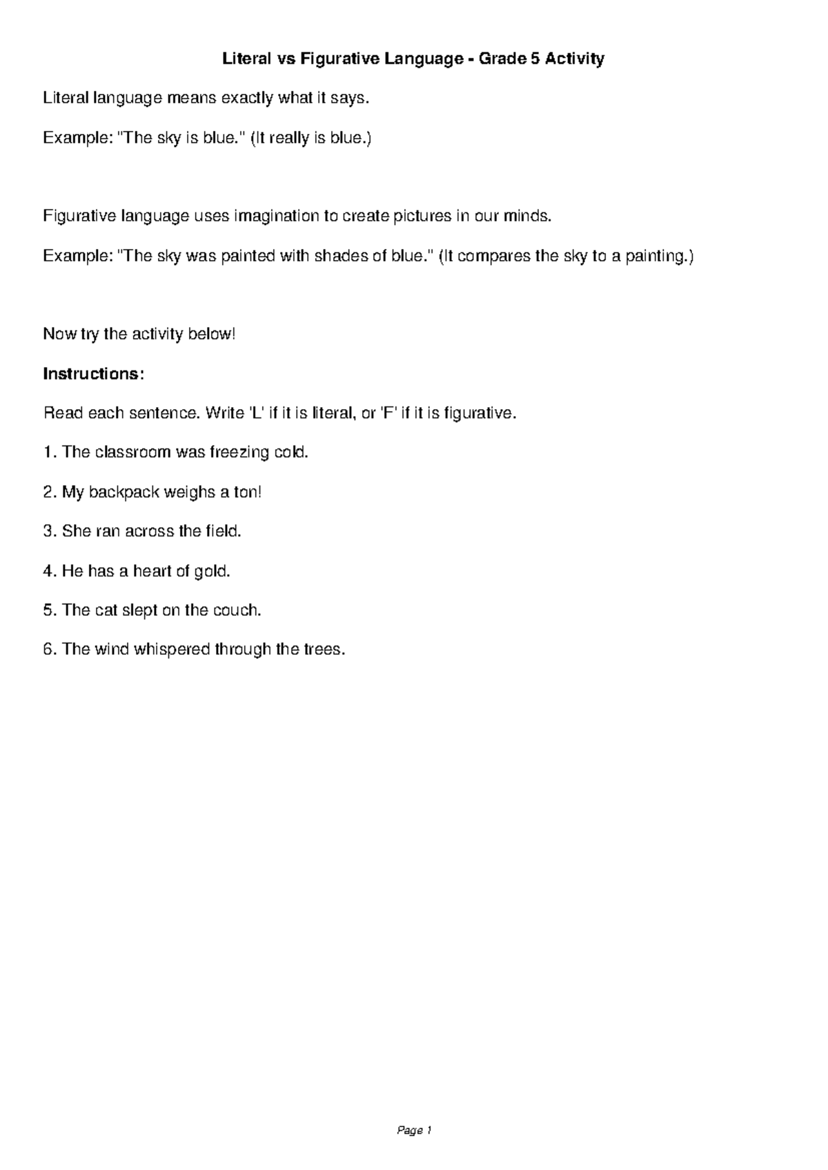 Grade 5 Activity: Understanding Literal vs Figurative Language - Studocu