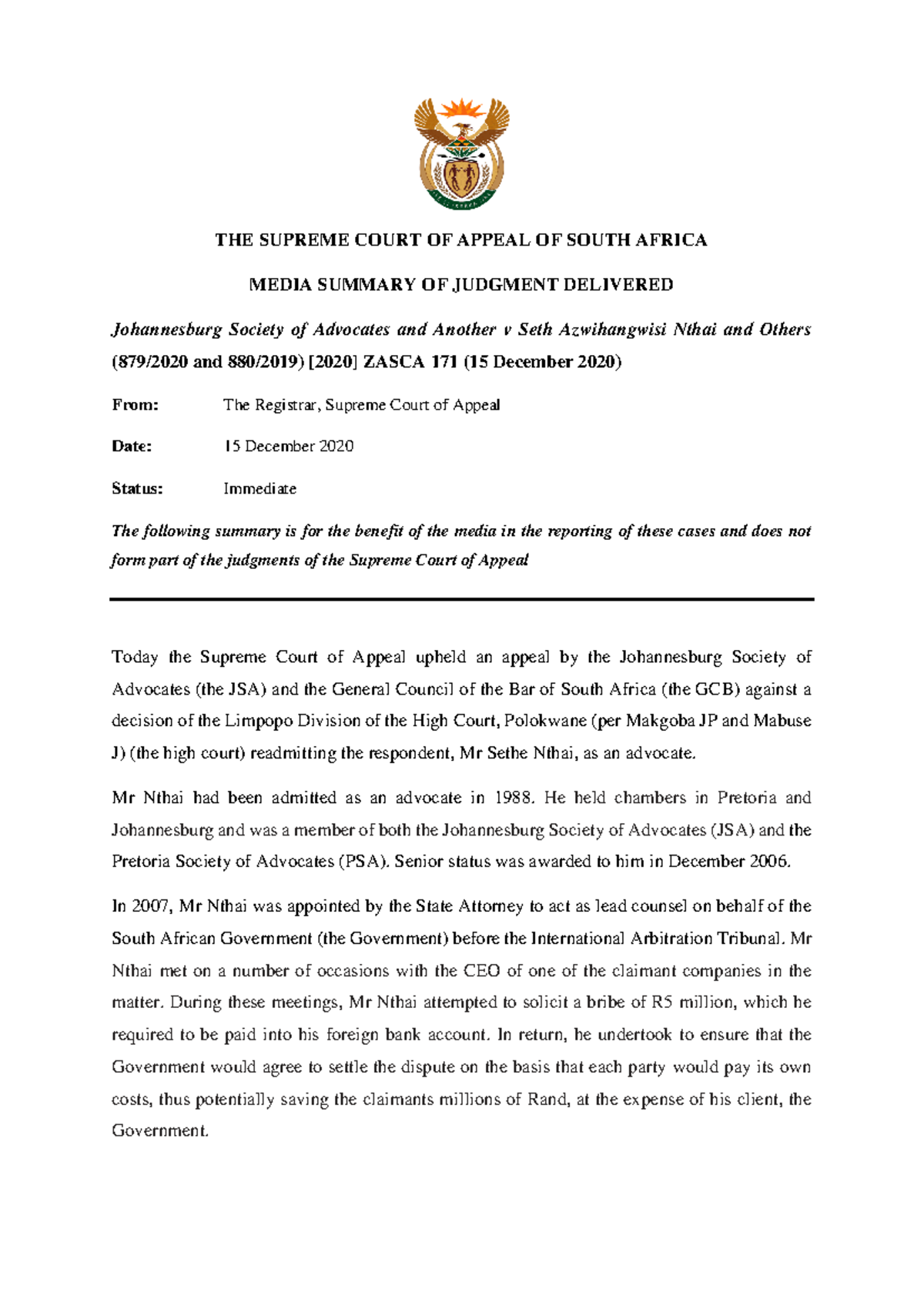 SCA Judgment on Nthai: Misconduct & Readmission Appeal (879/2020) - Studocu