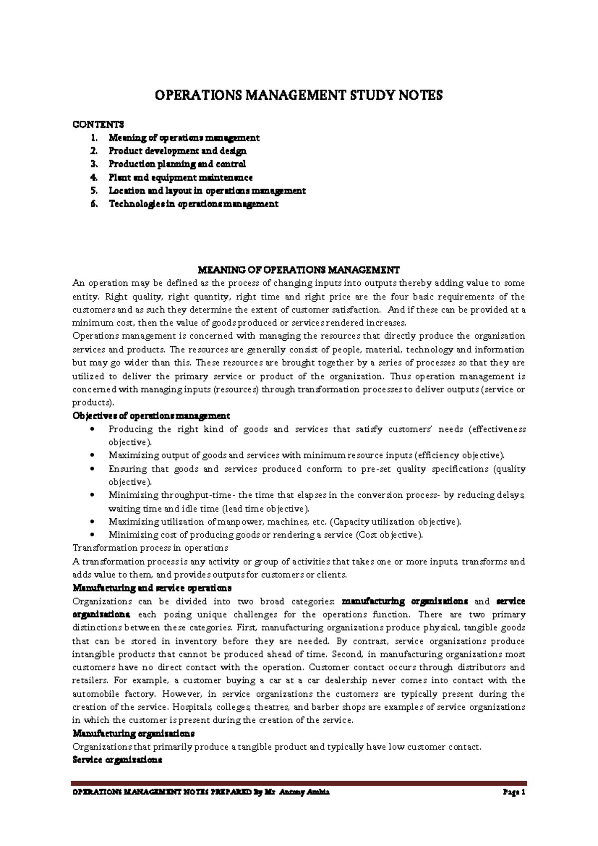 Operations Management Study Notes: Key Concepts and Techniques - Studocu
