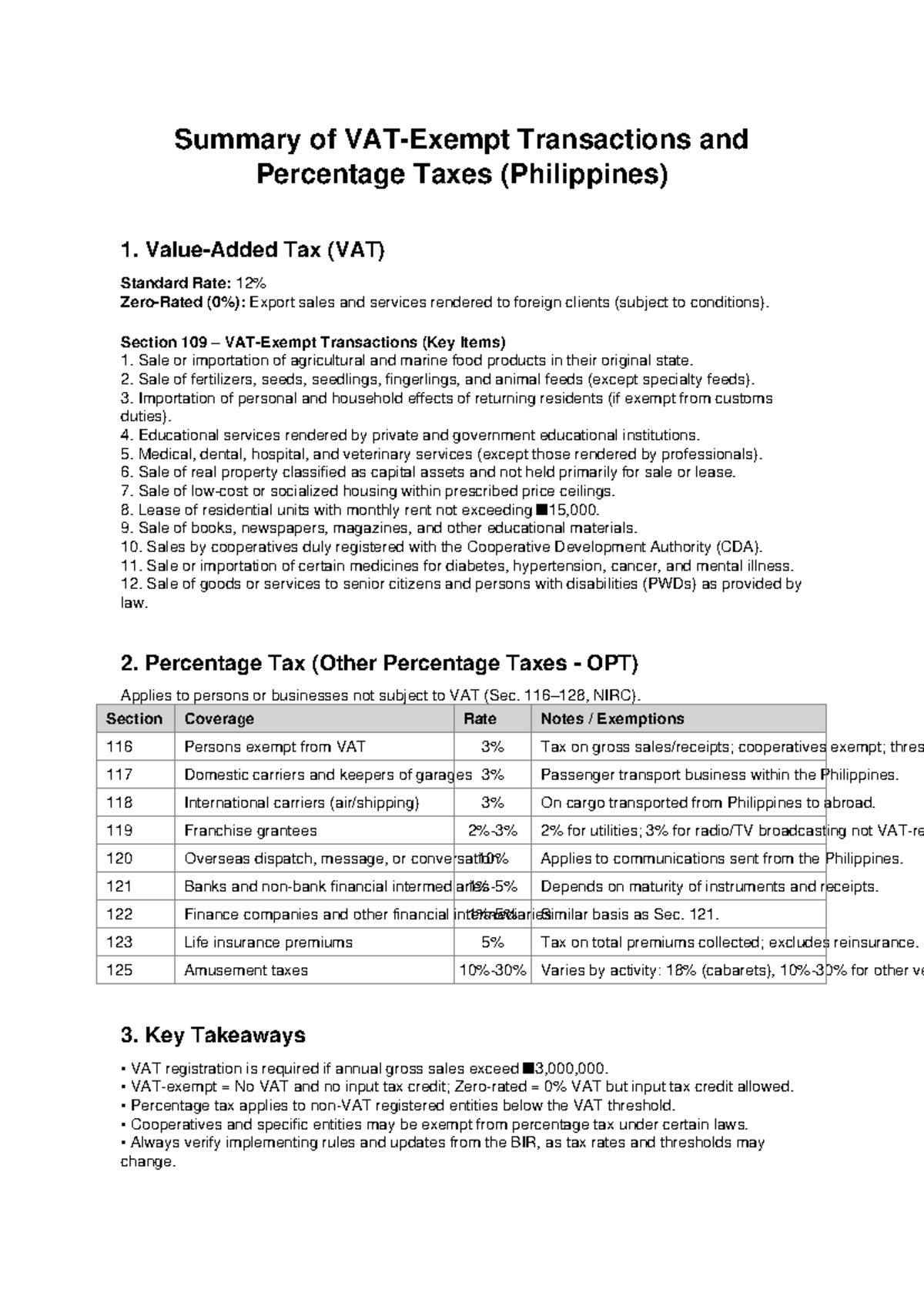 VAT Exemptions and Percentage Tax Summary (Philippines) - Studocu