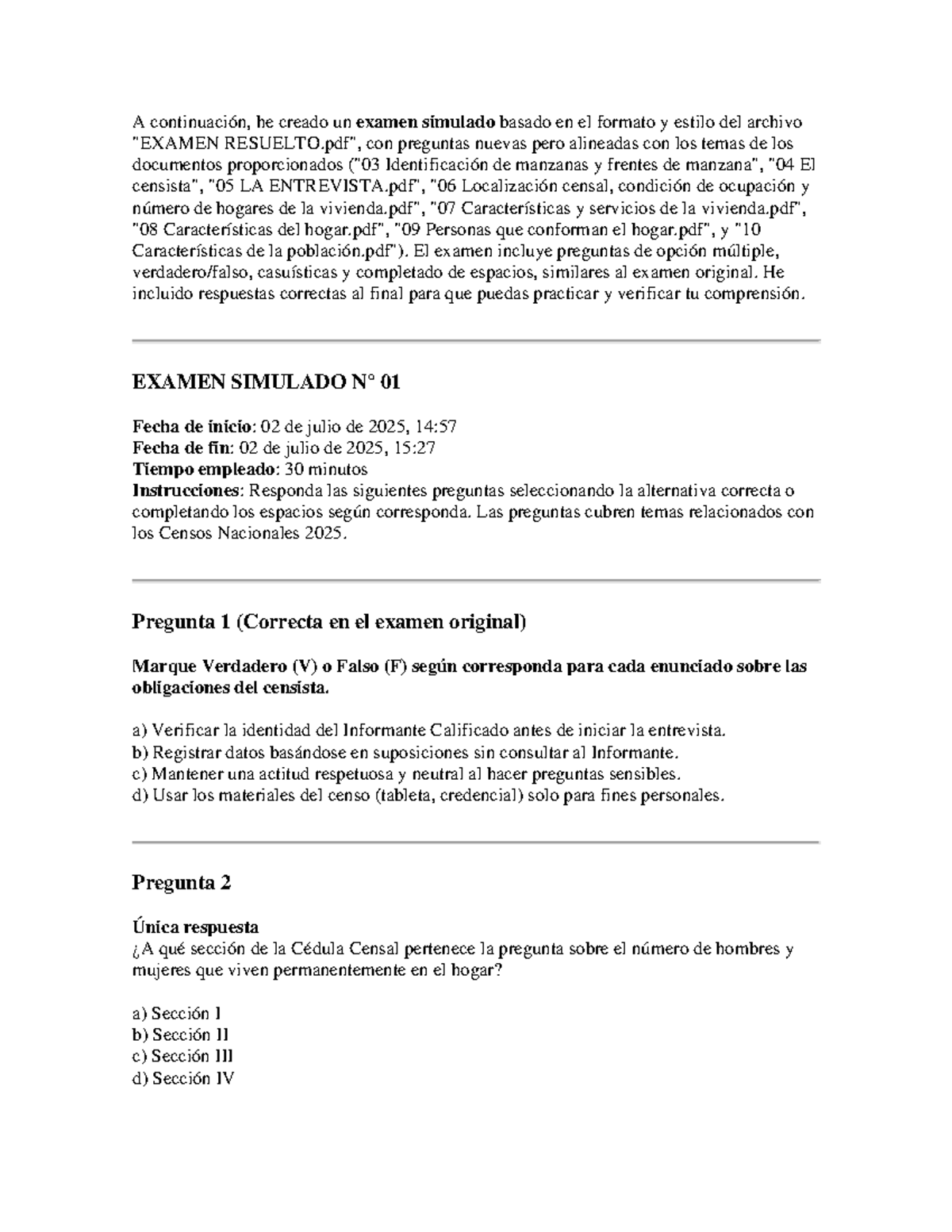 Examen Simulado 01: Censos Nacionales 2025 - Preguntas y Respuestas - Studocu