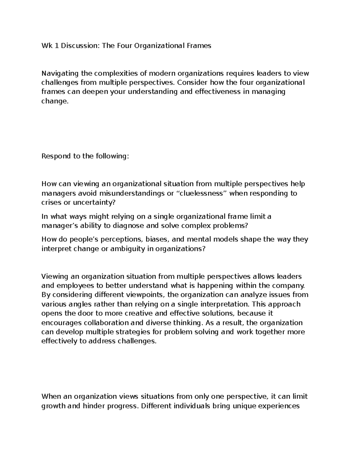 MGT362T Change Management Wk 1 Discussion: The Four Frames - Studocu