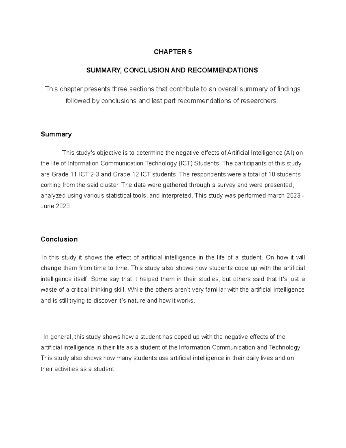 Chapter V - Summary, Conclusions & Recommendations on AI Effects for ...