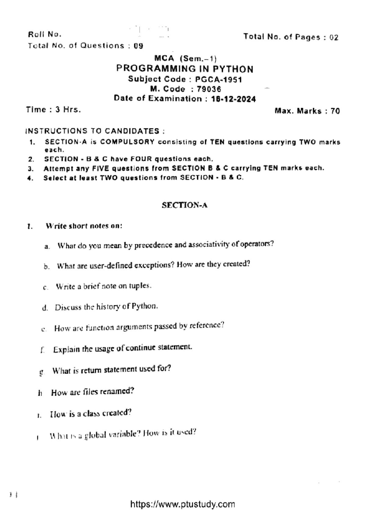 MCA 1st Sem Programming in Python Exam Notes 79036 Dec 2024 - Studocu