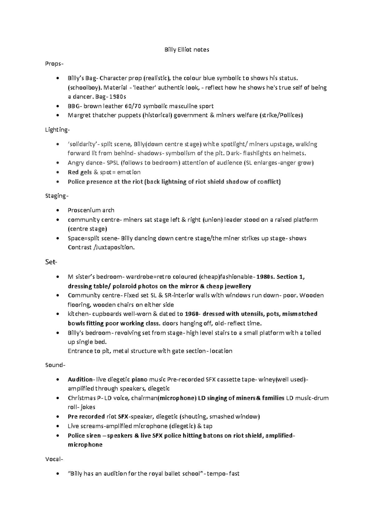 Billy Elliot: Themes & Analysis - Notes for 500 Word Essay - Studocu