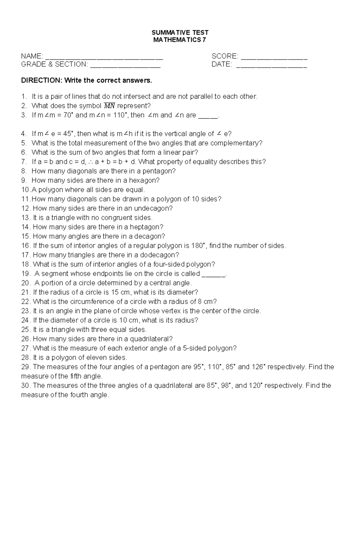 Grade 7 Summative Test: Mathematics Assessment Guide - Studocu