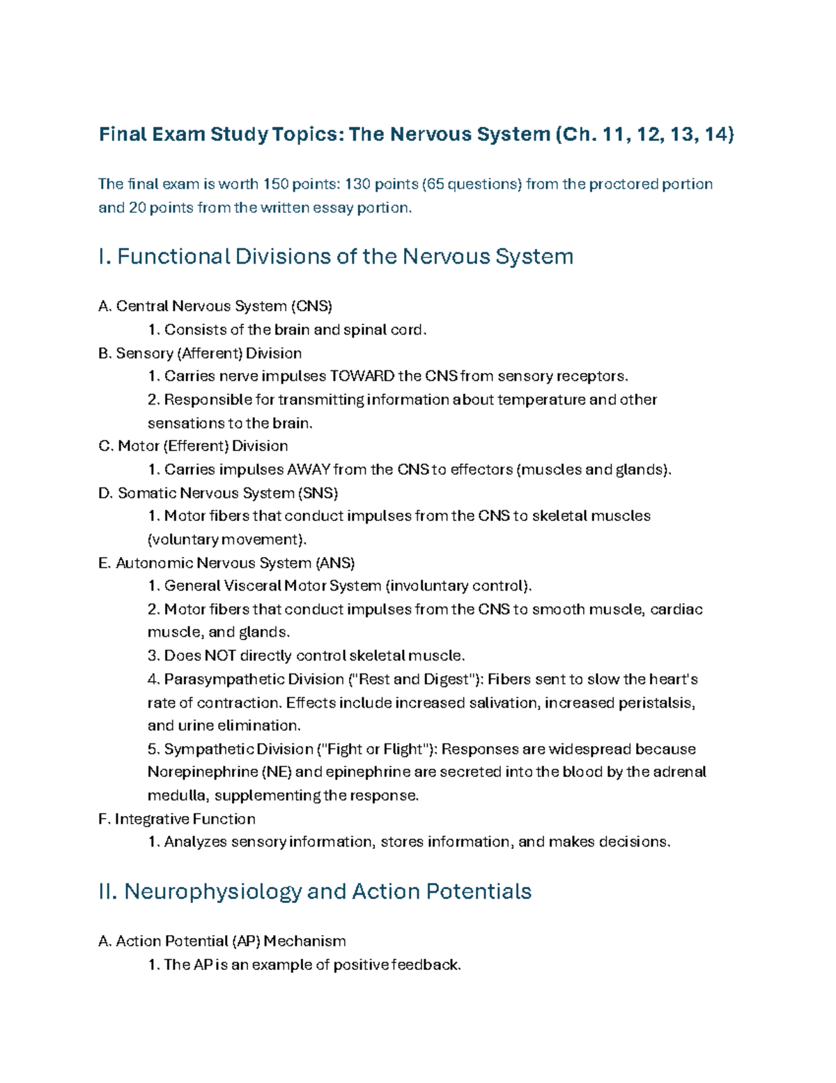 Final Exam Study Topics: Nervous System Overview (BIOL 1161) - Studocu