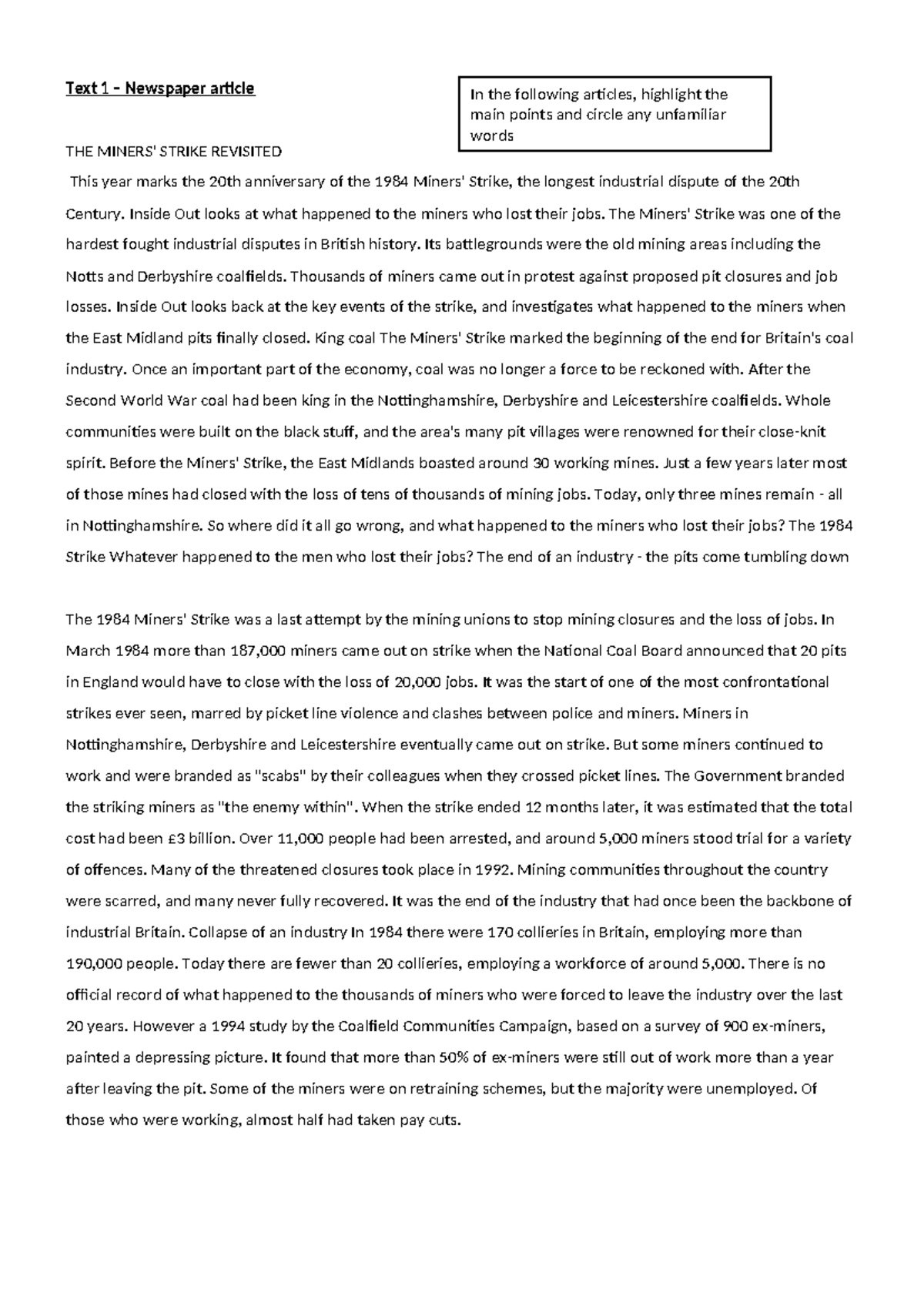 Billy Elliot Context Articles - Text 1 – Newspaper article THE MINERS ...