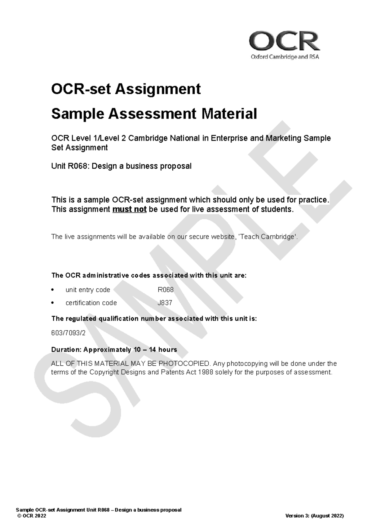Sample OCR Assignment Unit R068: Business Proposal Design Guide - Studocu