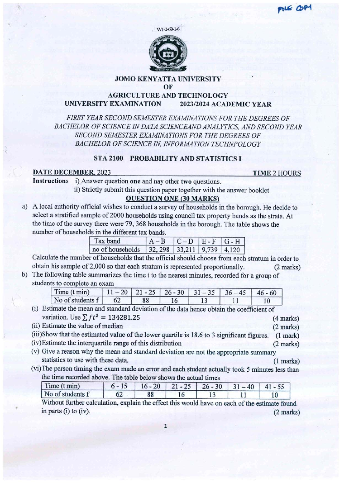 STA 2100 Final Exam: Probability and Statistics I - December 2023 - Studocu