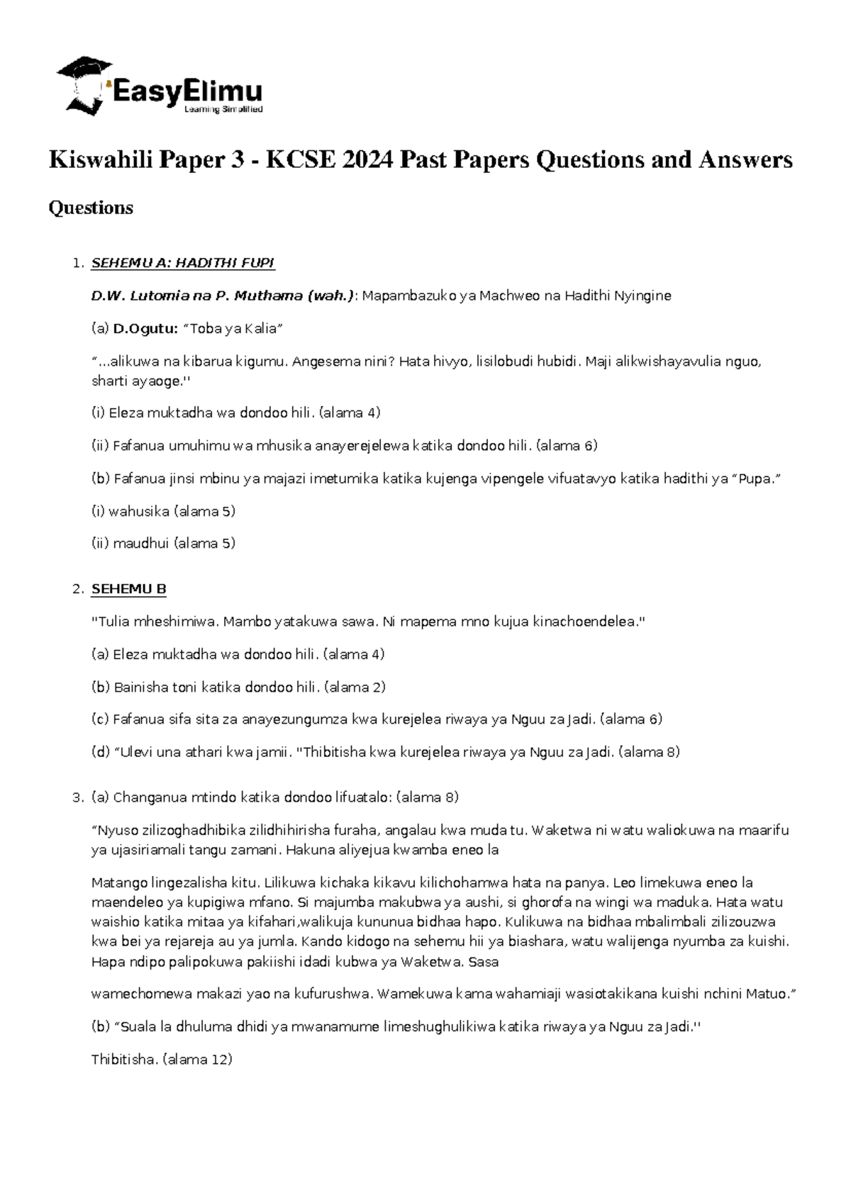 Kiswahili Paper 3 - KCSE 2024 Past Papers: Maswali na Majibu - Studocu