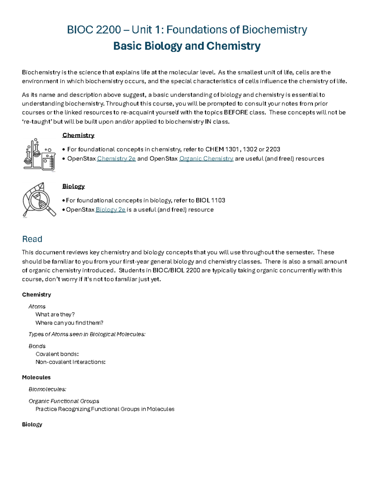 BIOC 2200 Unit 1: Key Concepts in Biochemistry Foundations - Studocu