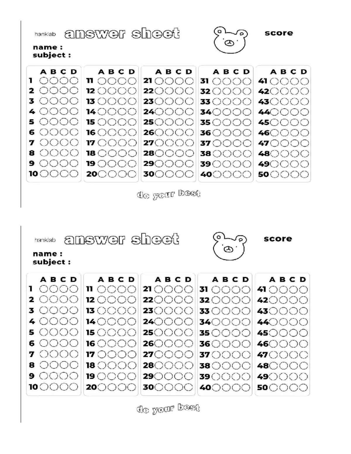 HANKLAB Answer Sheet - Score K Evaluation - Studocu
