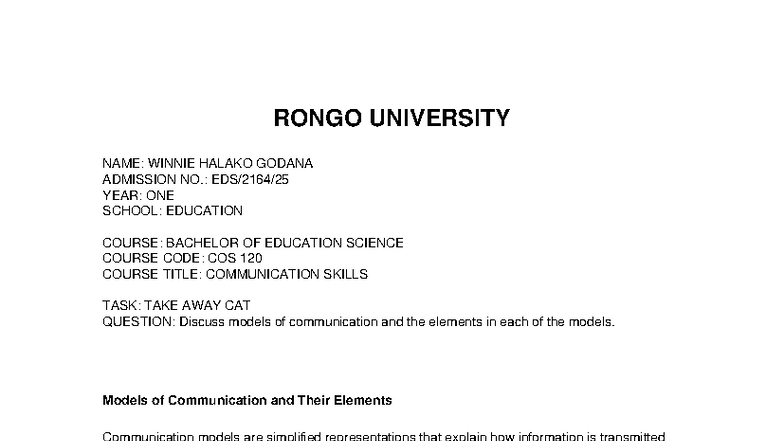 COS 120 Communication Skills: Models of Communication Explained - Studocu