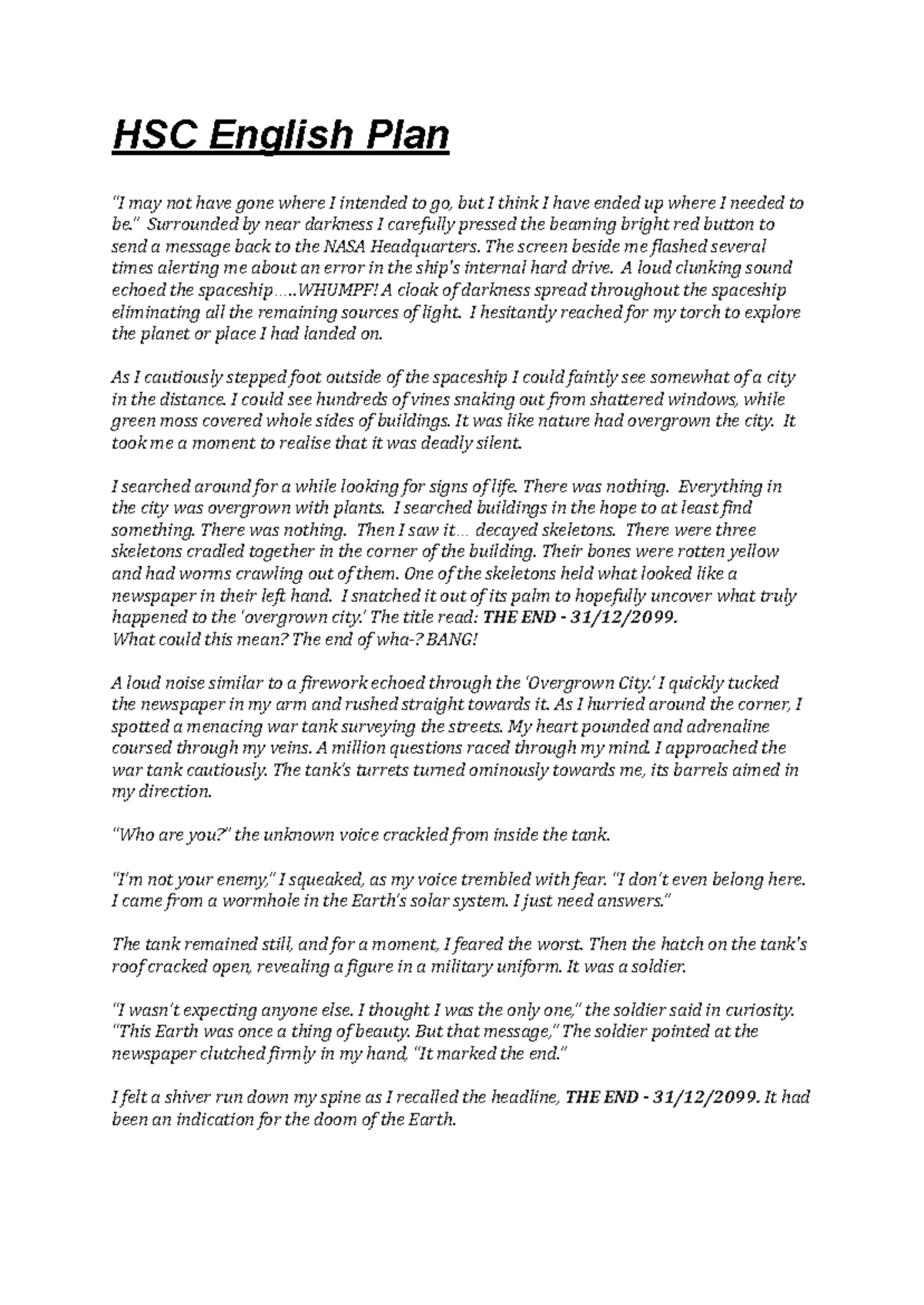 HSC English Plan: Exploring a Post-Apocalyptic World - Studocu