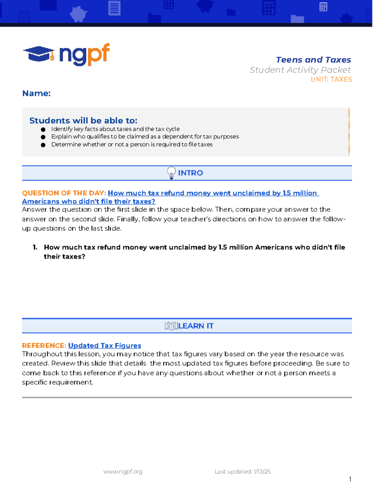 Teens and Taxes Student Activity Packet: Understanding Tax Basics - Studocu