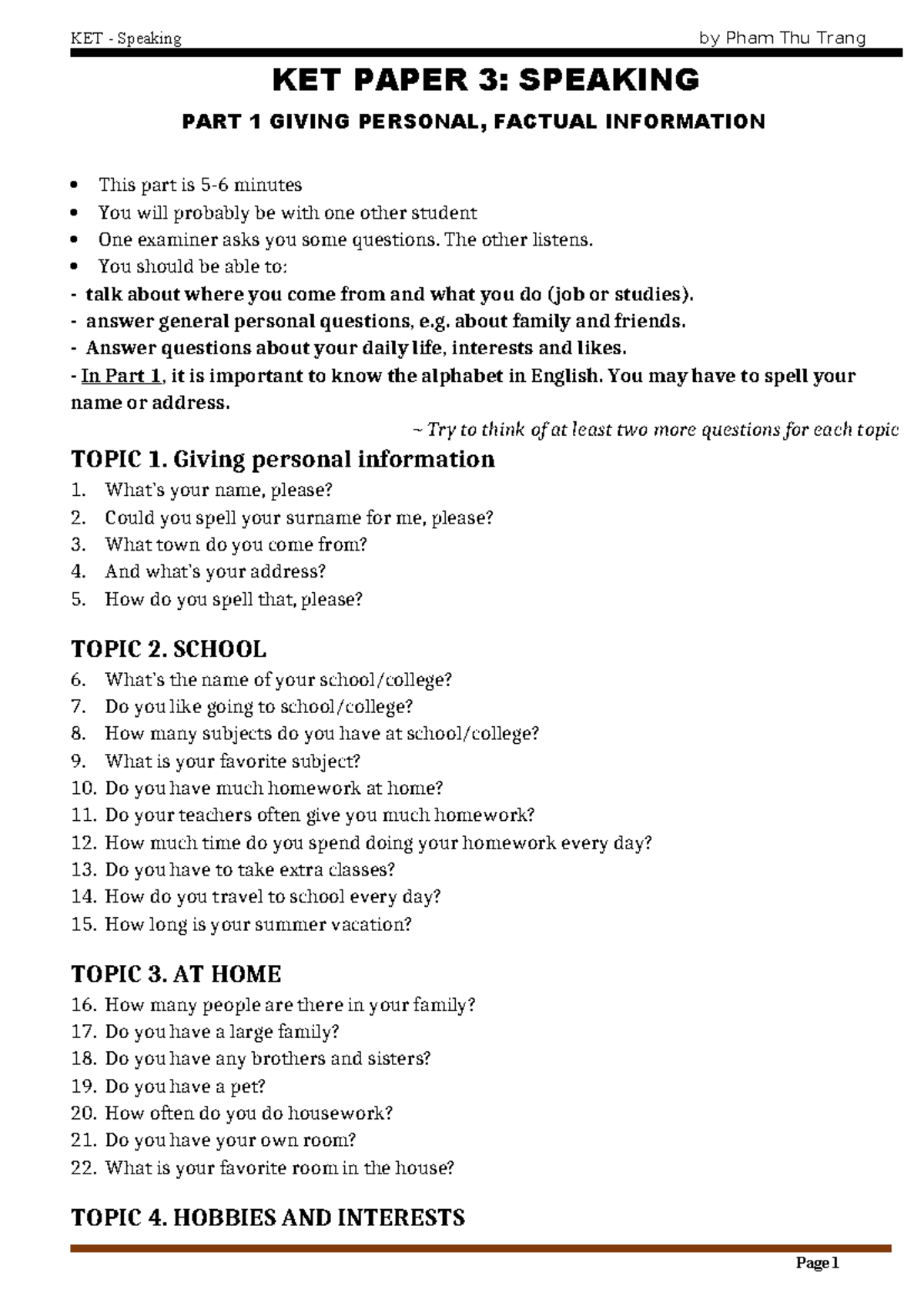 KET Speaking Paper 3: Personal Information & Topics Overview - Studocu