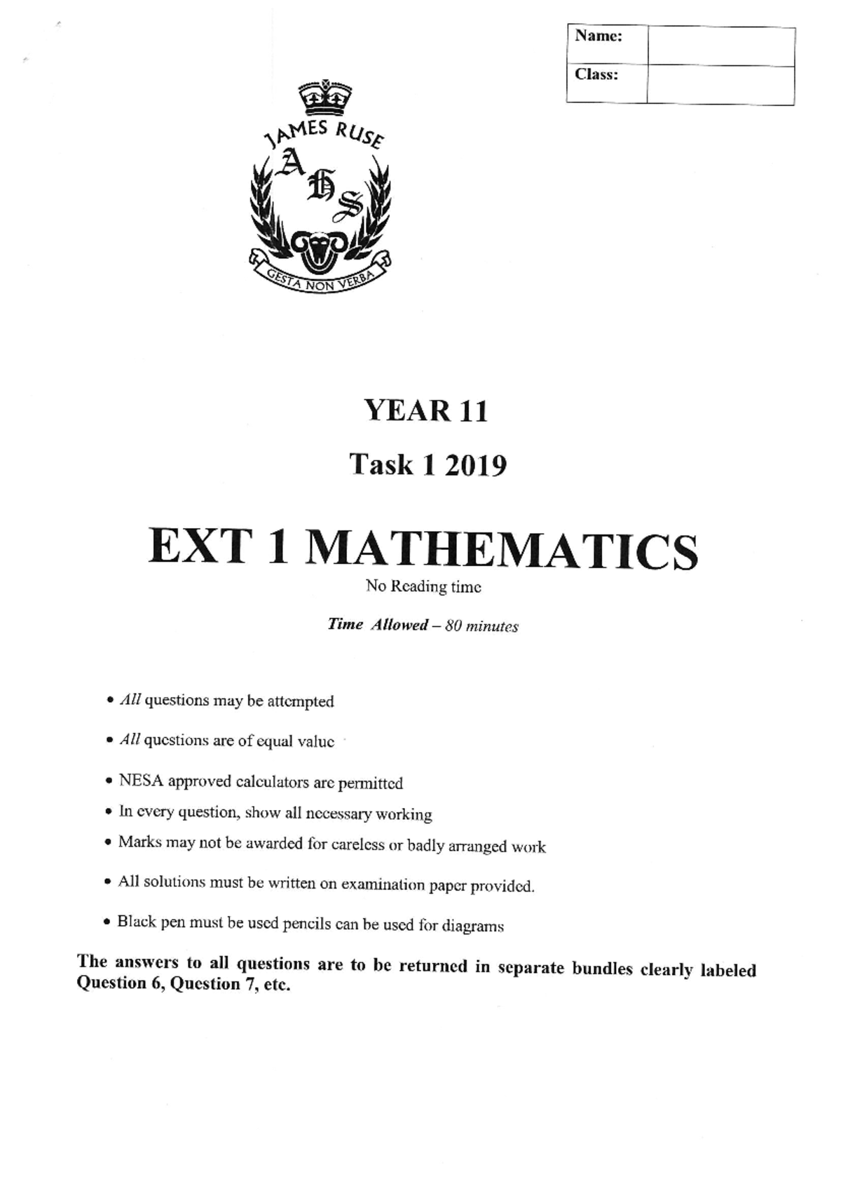 2019 EXT 1 Mathematics Final Exam Paper - Year 11 - Studocu