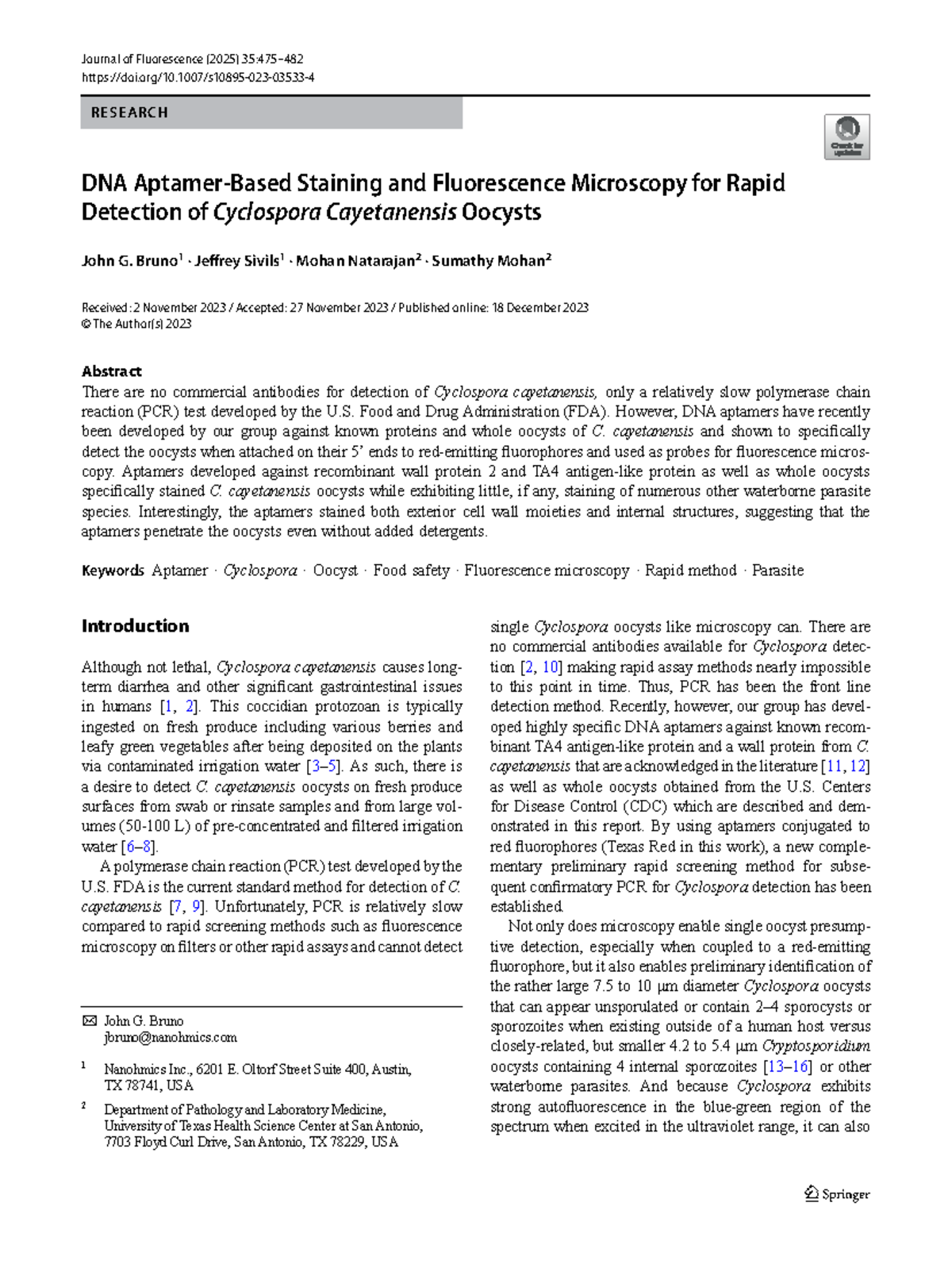 Rapid Detection of Cyclospora Cayetanensis Oocysts via DNA Aptamers and ...