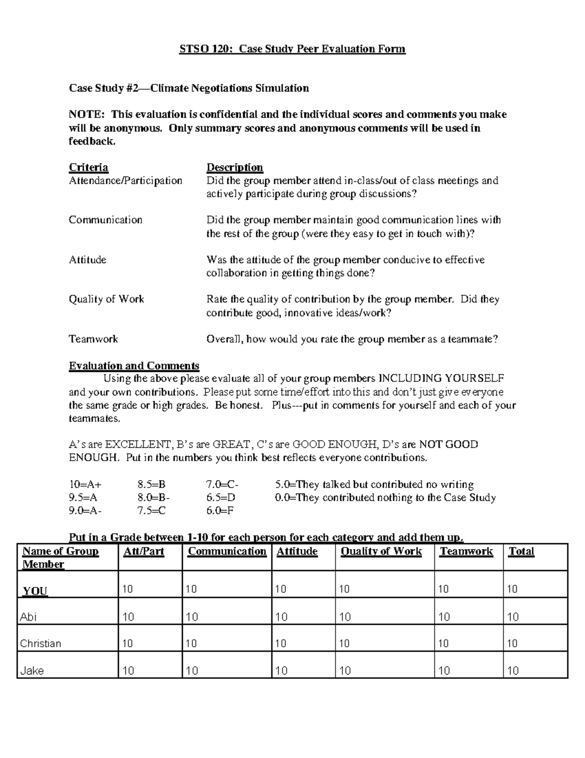 STSO 120: Case Study 2 - Peer Evaluation Form for Negotiations ...